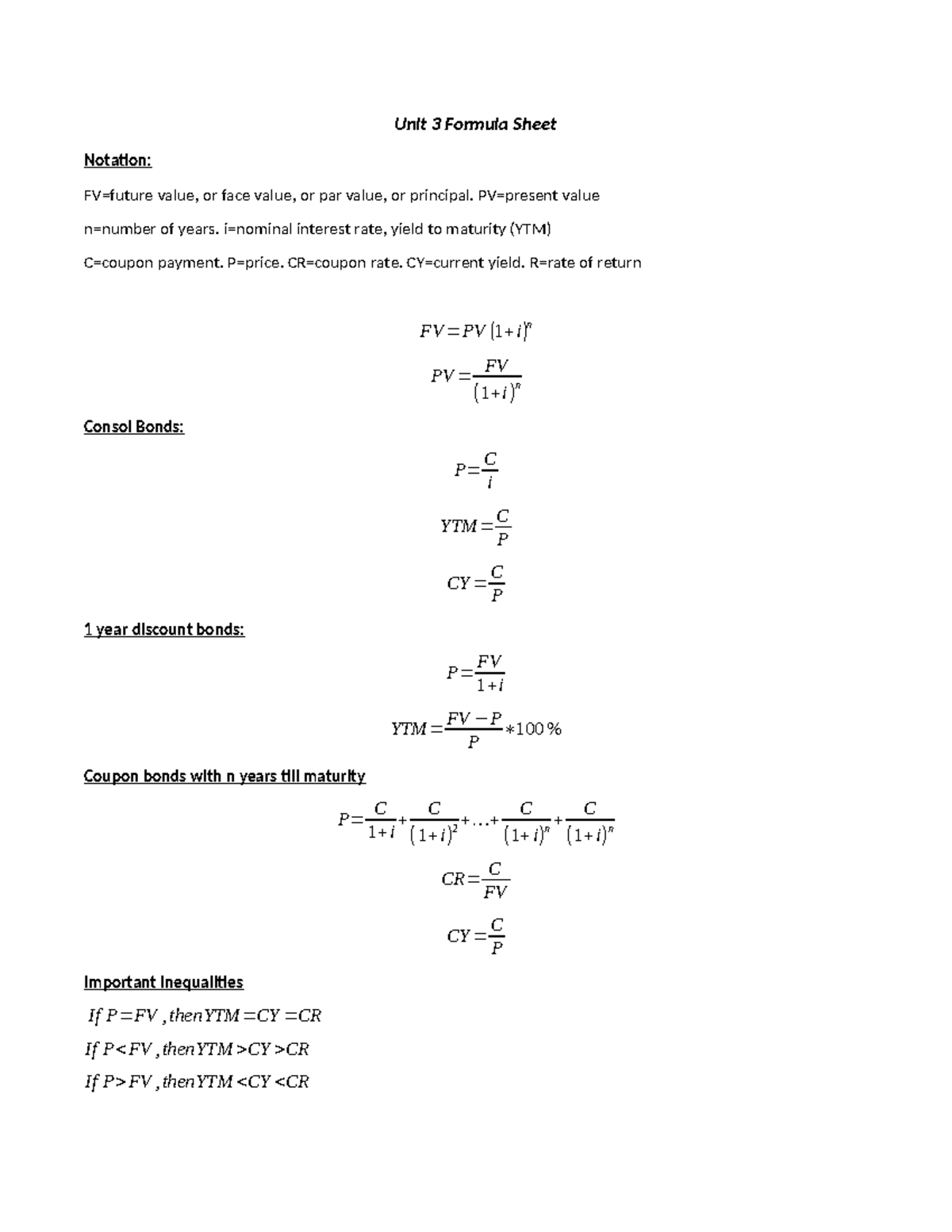 Unit 3 Formula Sheet: Key Financial Notations and Equations - Studocu