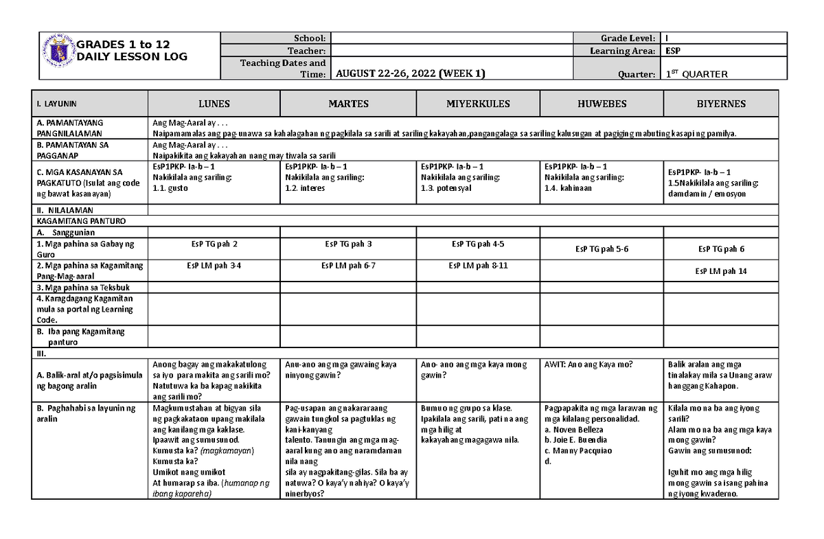 DLL ESP 1 Q1 W1 - Weekly Lesson Plan for Grade 1 in ESP - Studocu