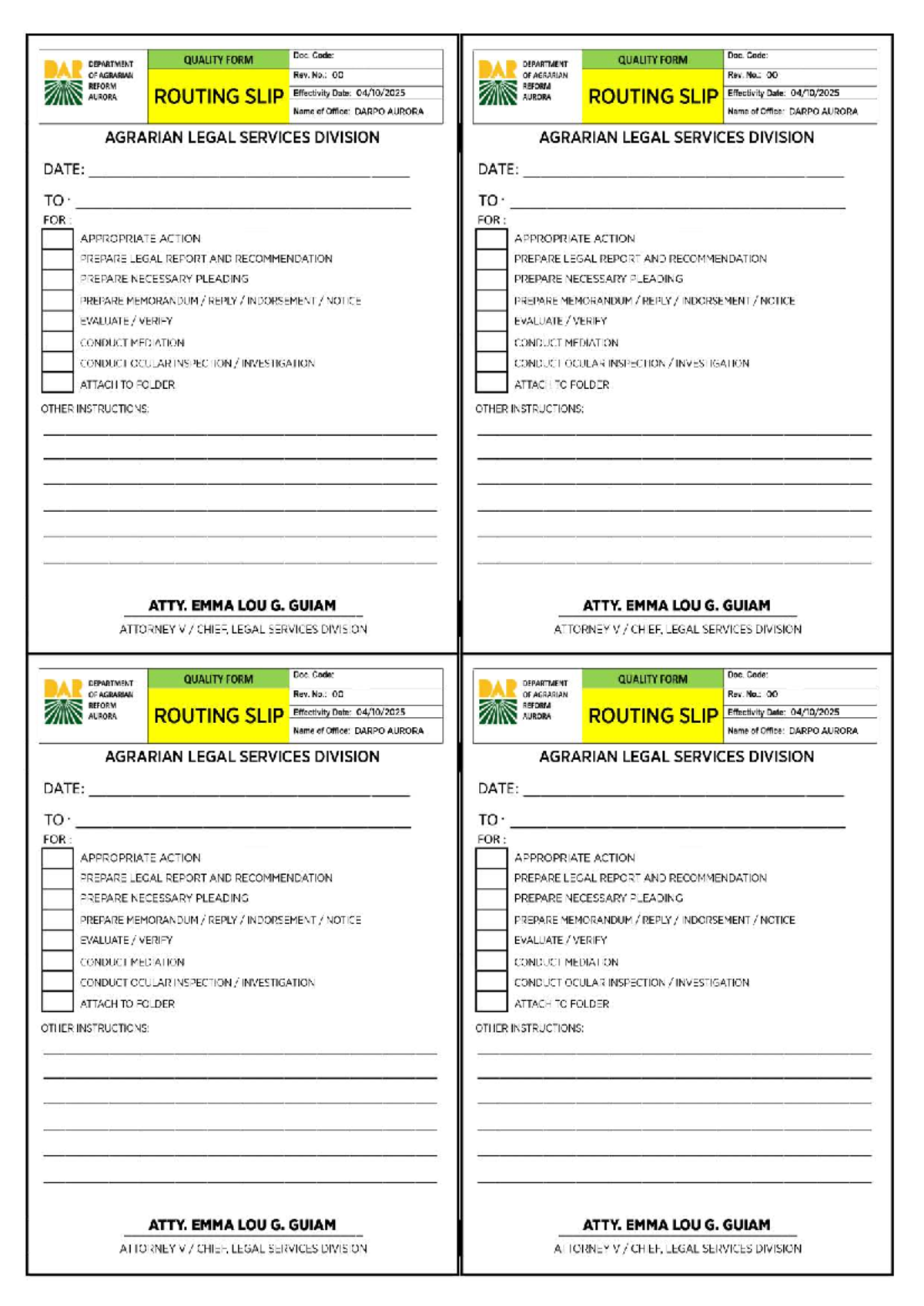 Routing Slip for Legal Actions - DAR Department Quality Form - Studocu