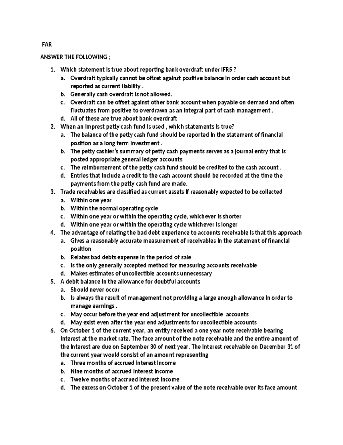 FAR - Bank Overdrafts and Petty Cash Fund Analysis - Studocu