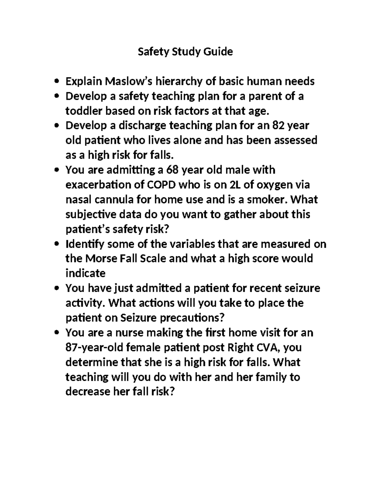 Safety Study Guide: Human Needs & Fall Risk Management - Studocu