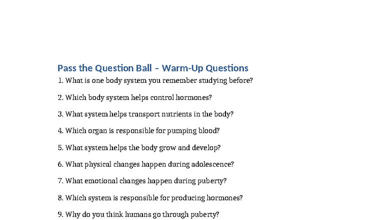 Pass the Question Ball: Warmup Questions for Science Class - Studocu