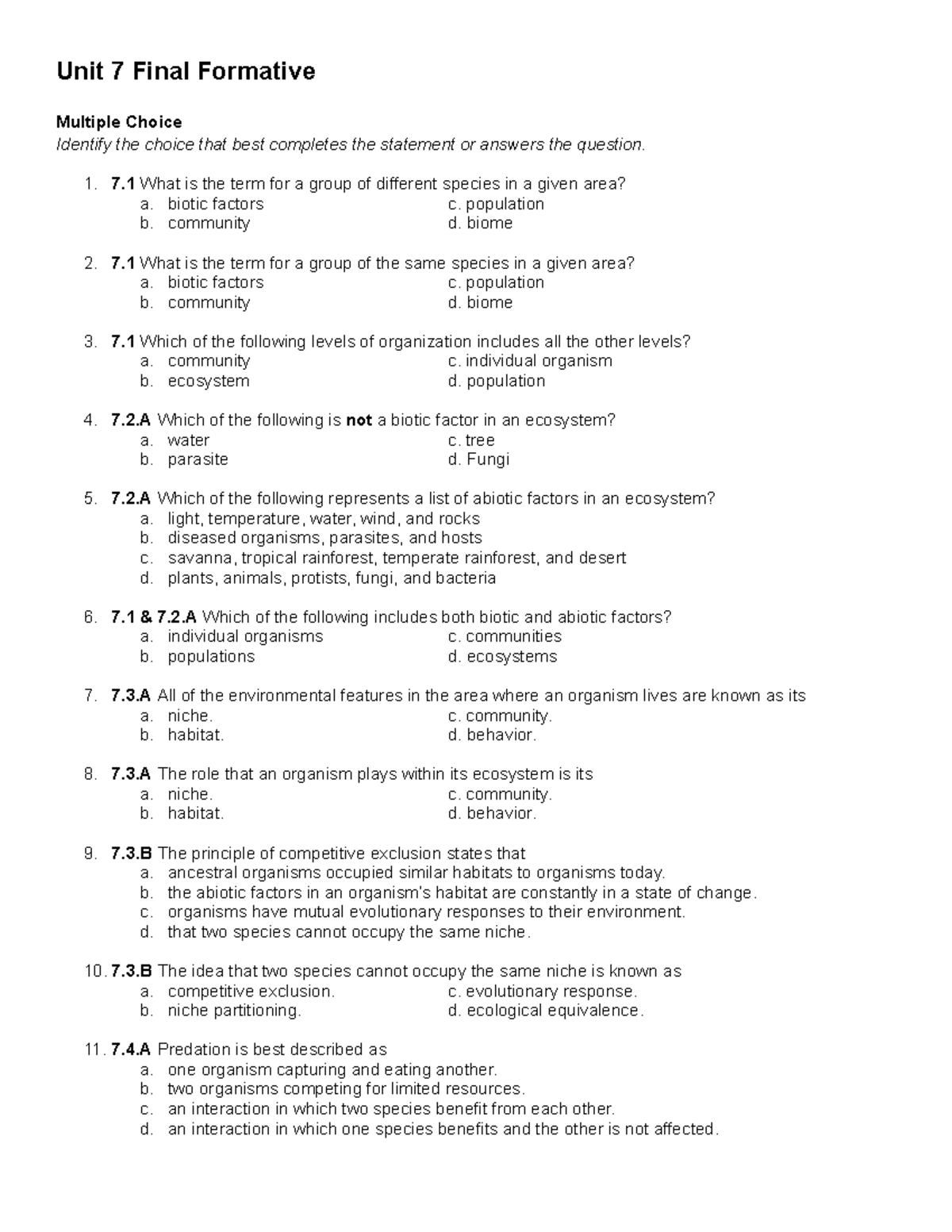 Unit 7 Final Formative Assessment: Ecology Concepts & Biodiversity ...