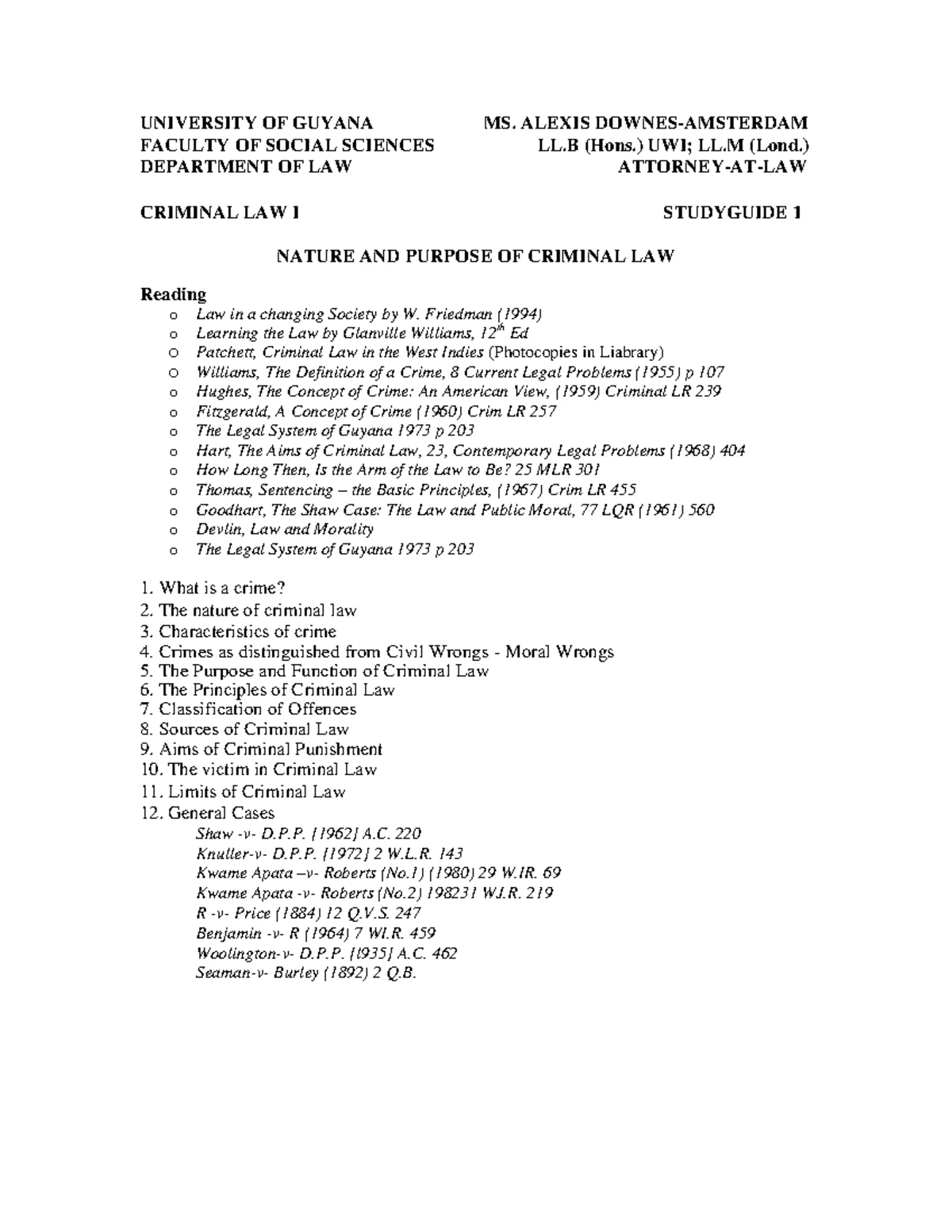 Study Guide 2: Actus Reus & Elements of a Crime - CRIMINAL LAW I LA11A ...