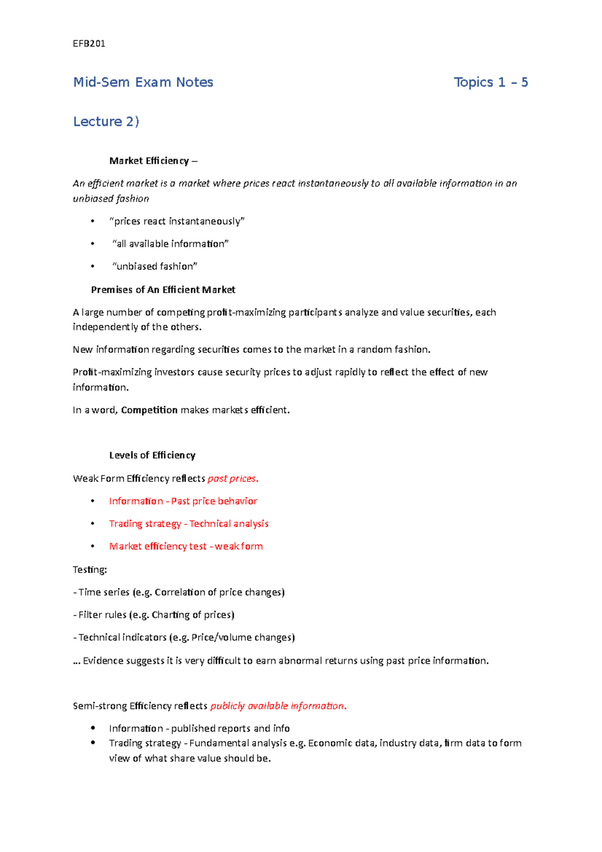EFB201 Mid-Sem Exam Study Notes: Market Efficiency & Banking Insights ...