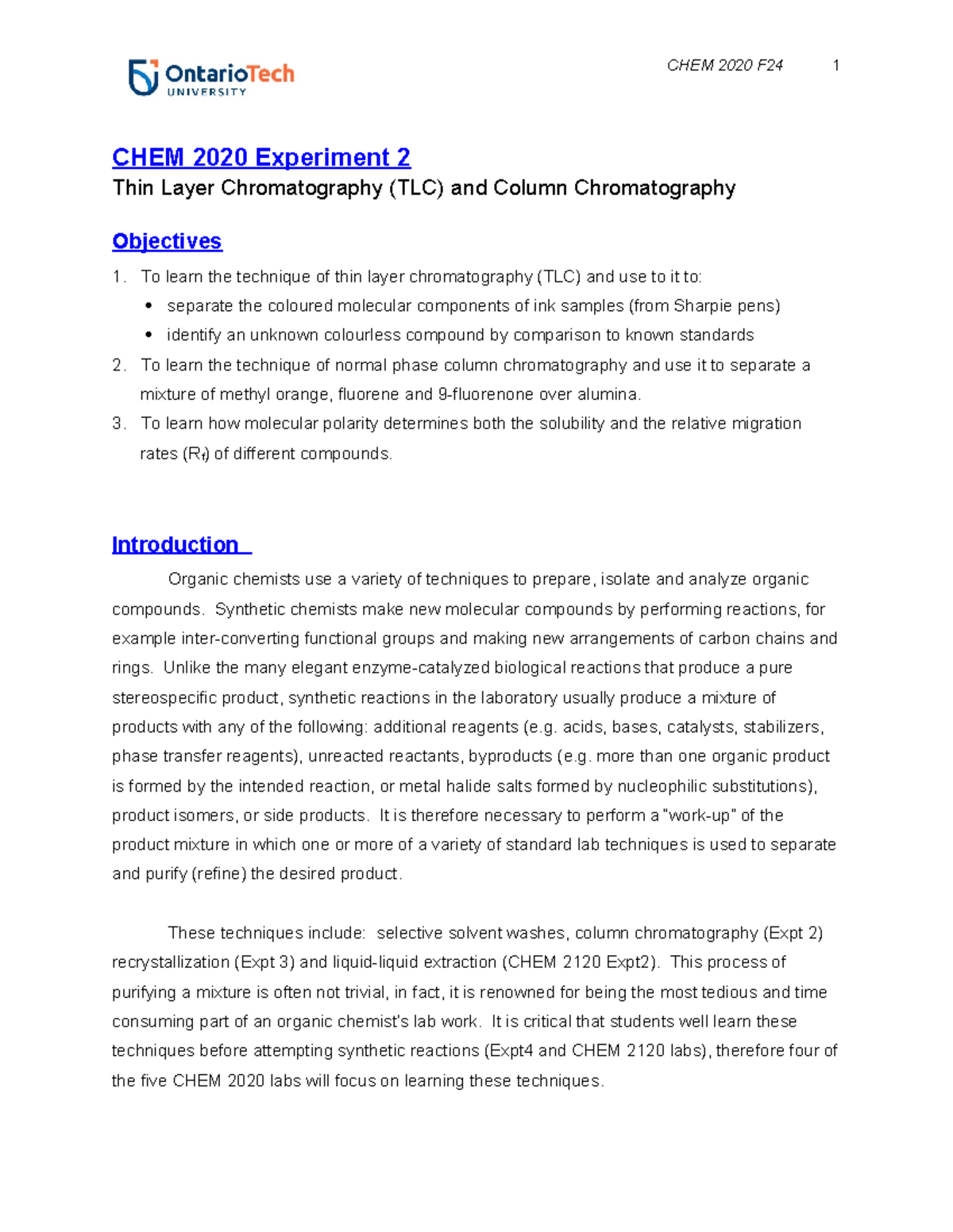 **Chem 2020 Experiment 2: Thin Layer & Column Chromatography on Alumina ...