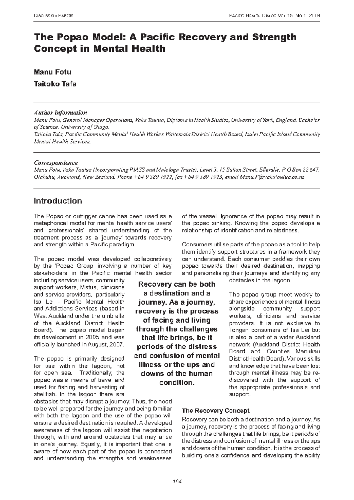 The Popao Model: A Tongan Framework for Mental Health Recovery and ...