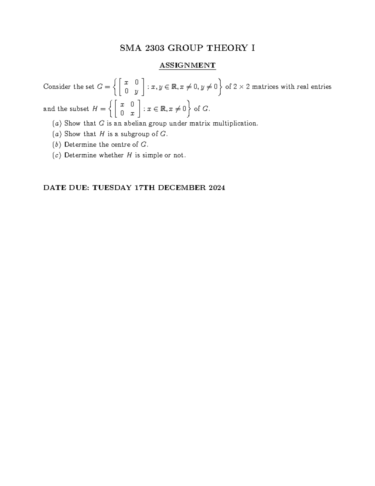SMA 2303 Group Theory I Assignment - Bsc. mathematics and computer ...