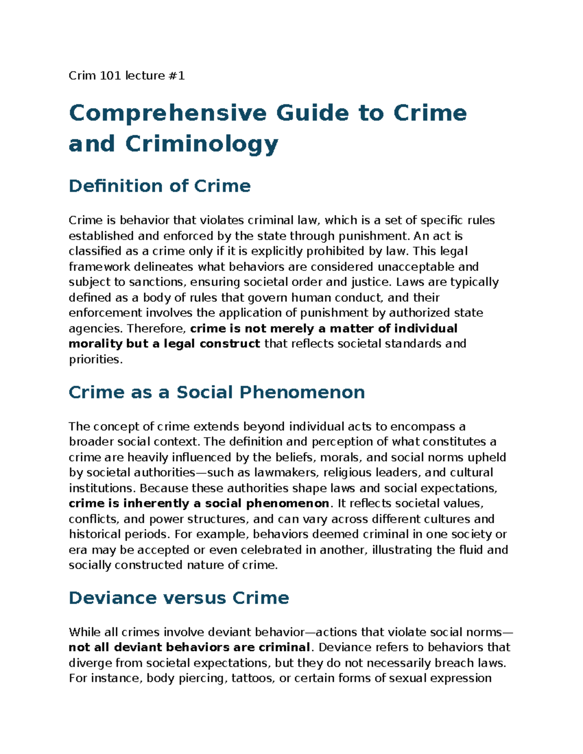 CRIM 101: Comprehensive Lecture Notes on Crime and Criminology - Studocu
