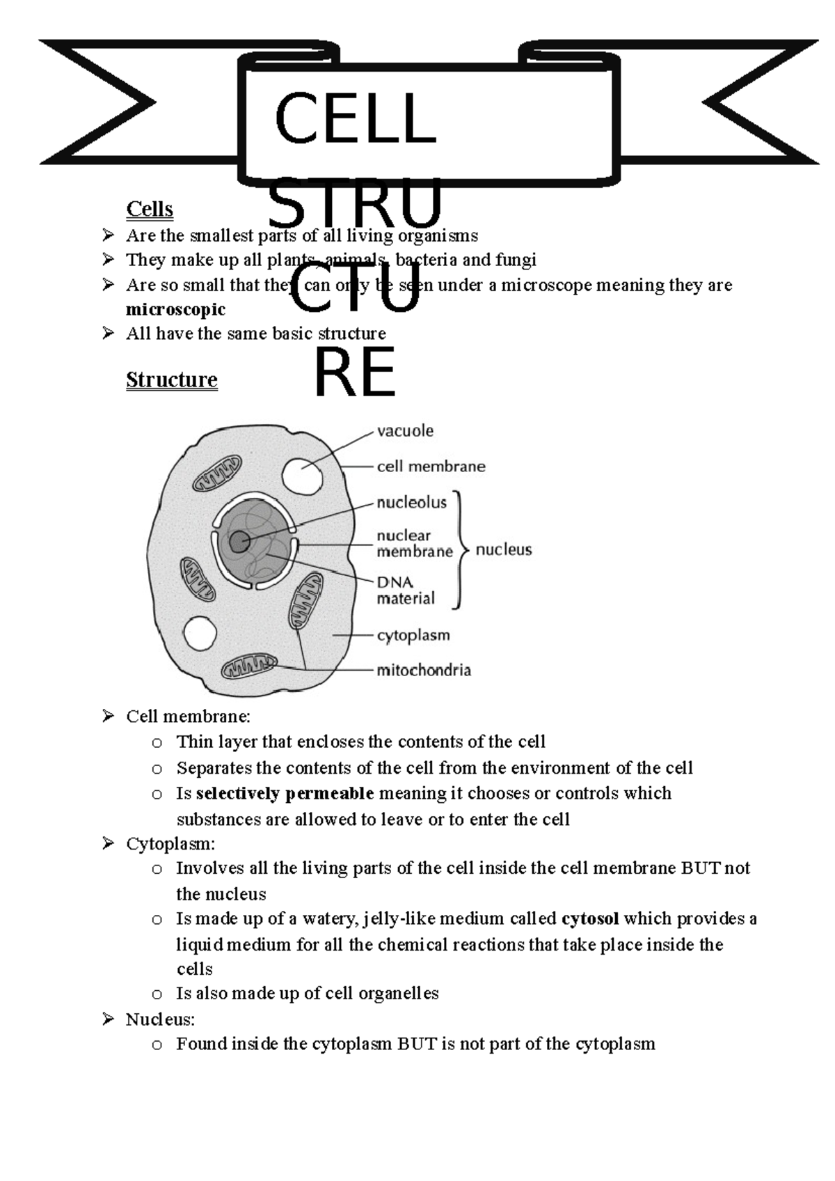 Grade 9 NS Final Exam Notes on Cell Structure and Function - Studocu