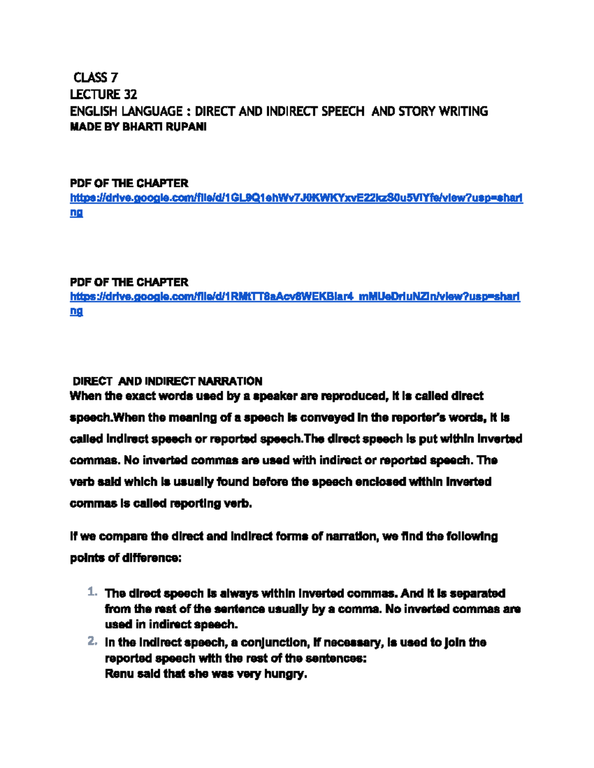 CLASS 7 LECTURE 32: DIRECT & INDIRECT SPEECH - BHARTI RUPANI PDF - Studocu