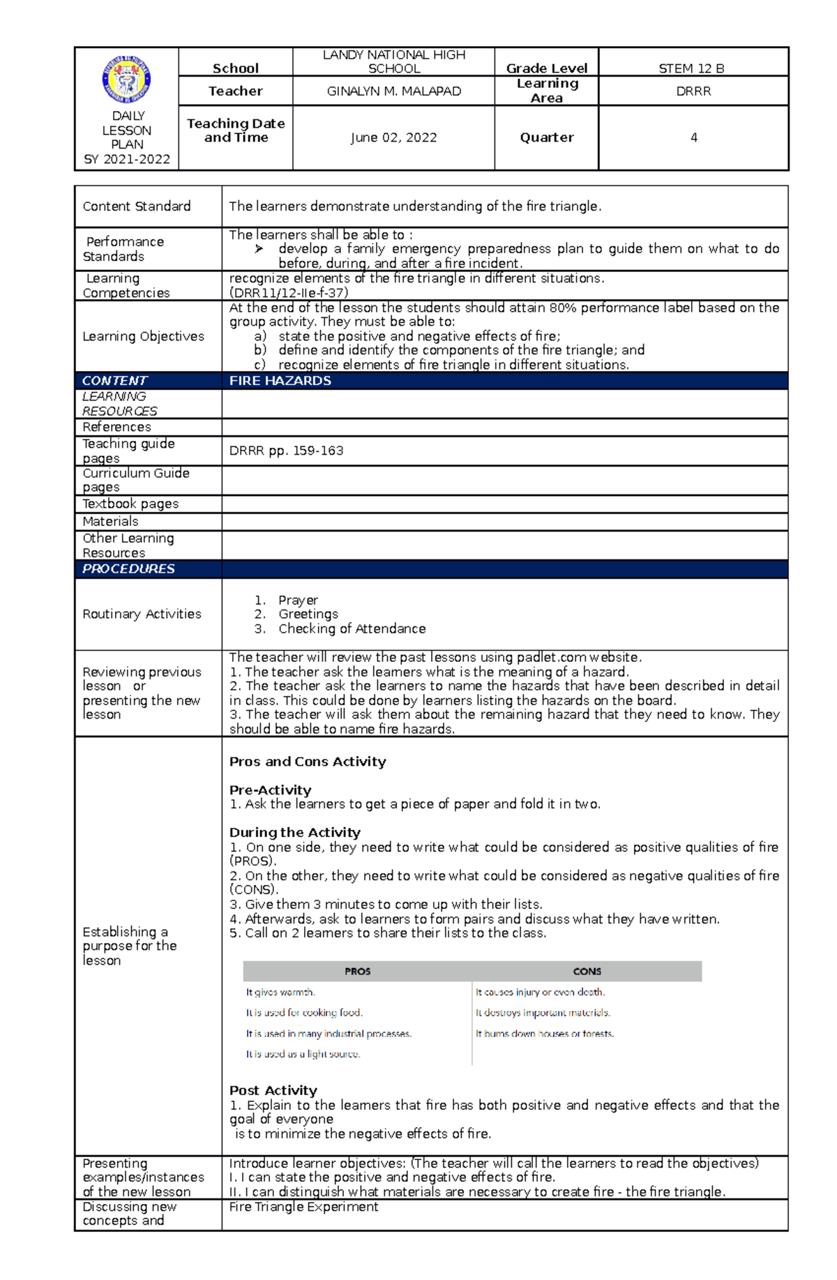 STEM 12 B Daily Lesson Plan: Understanding Fire Hazards and the Fire ...