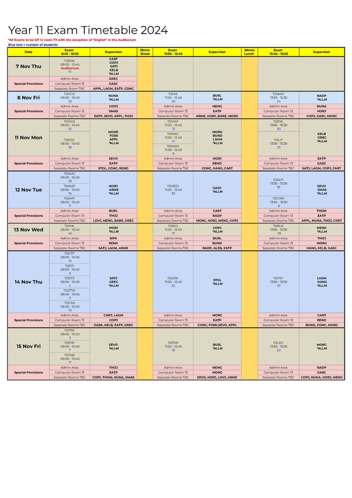 Year 11 Exam Timetable 2024 - Year 11 Exam Timetable 2024 *All Exams to ...