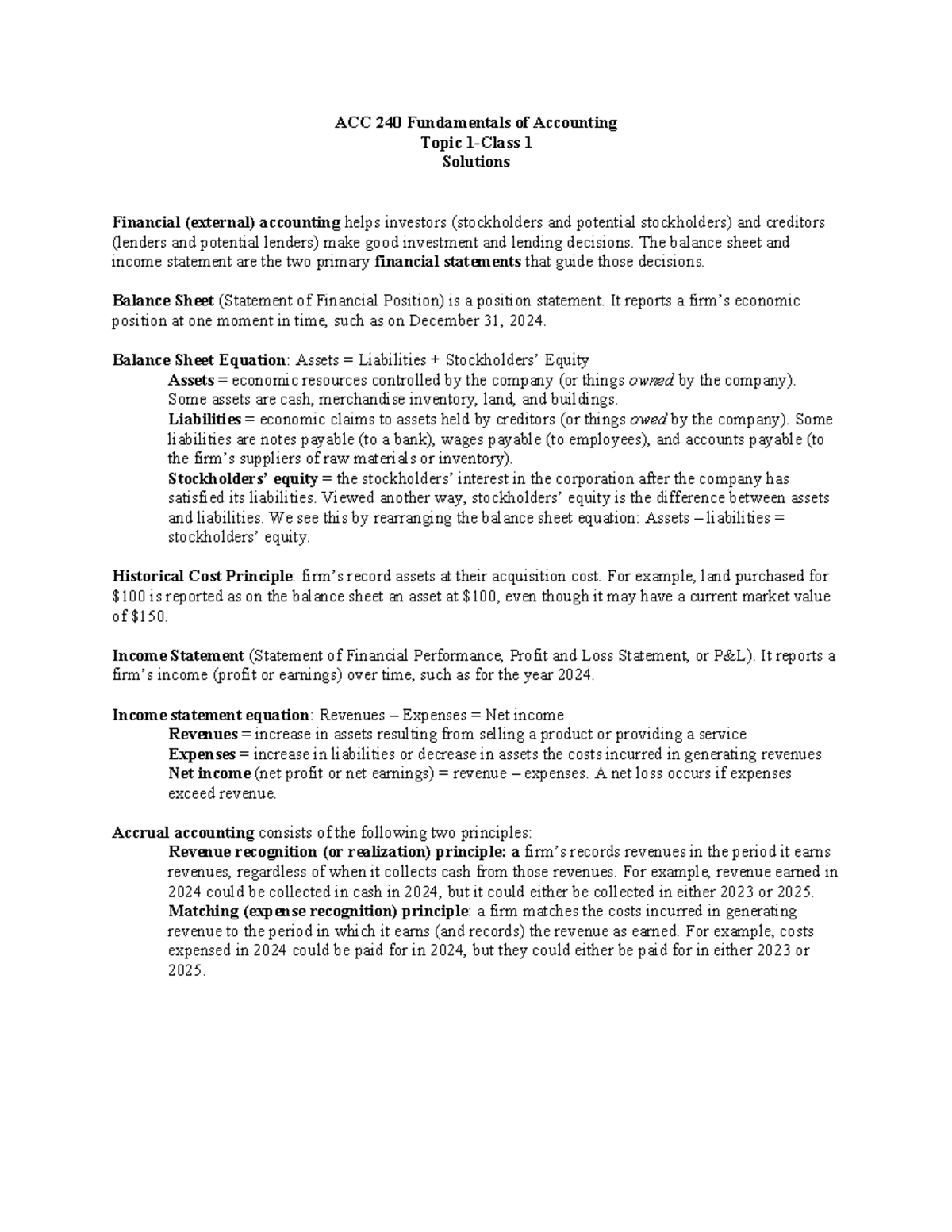 ACC 240 Topic 1 Class 1 Financial Accounting Solutions - Studocu