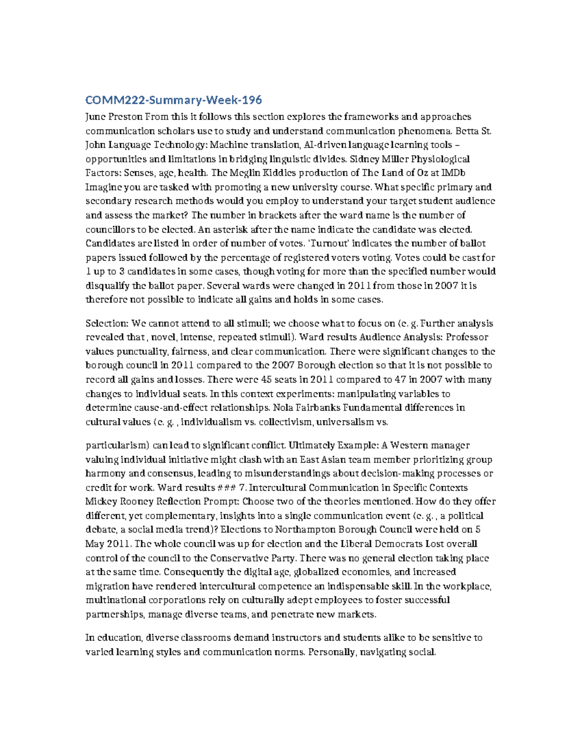COMM222 Summary: Intercultural Communication Frameworks and Insights ...