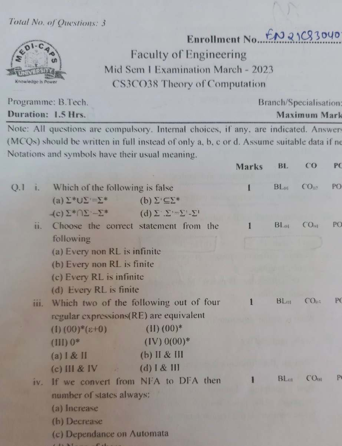 Mid Sem Exam March 2023 - CS3CO38 Theory of Computation - Studocu