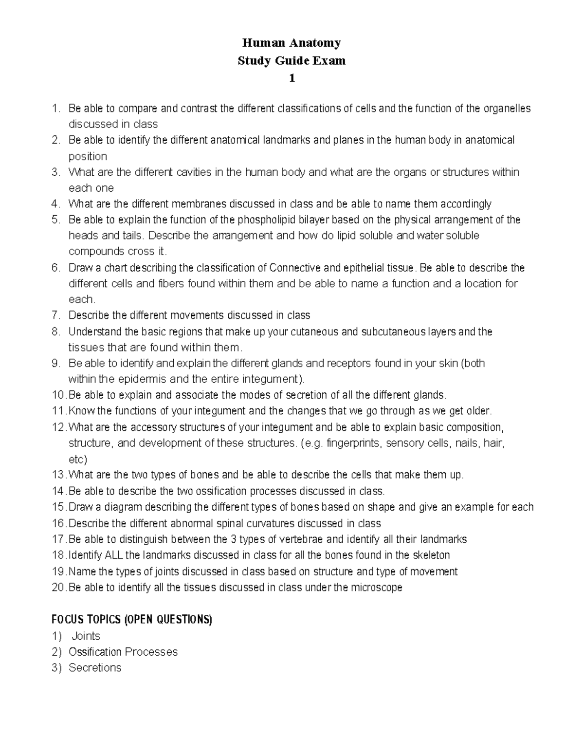 Human Anatomy Study Guide Exam 1: Key Concepts and Focus Topics - Studocu