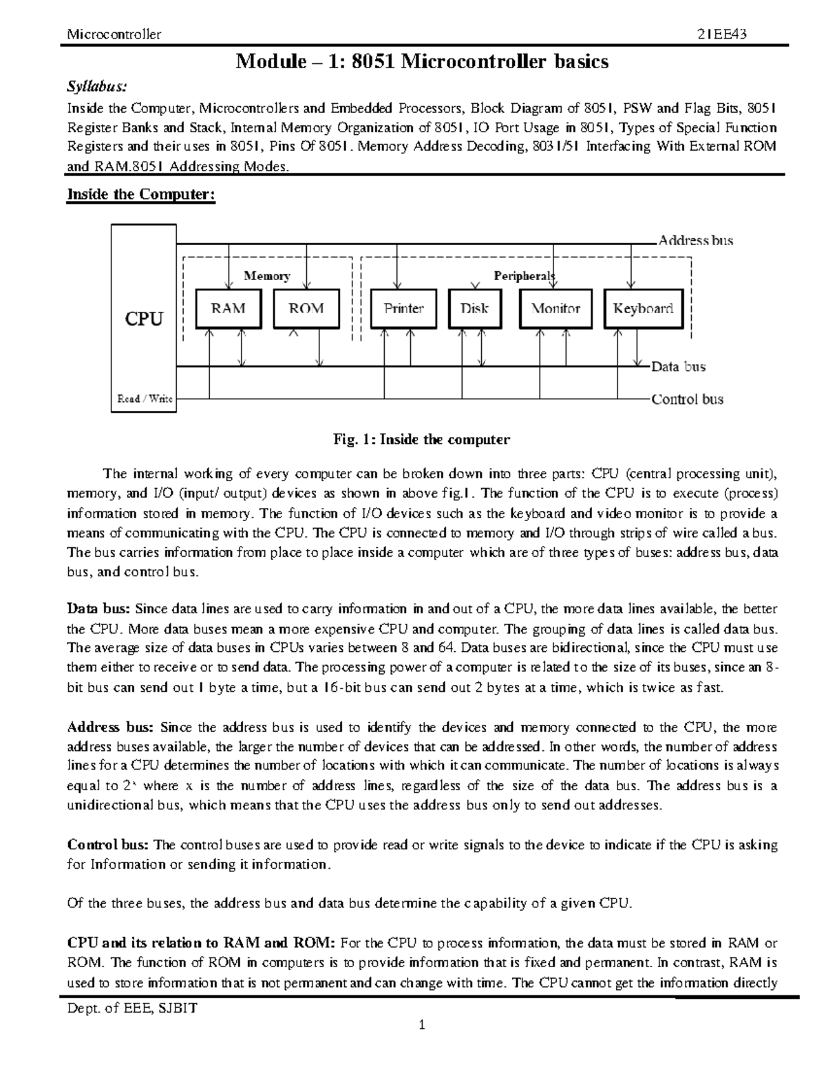 Mc 1 - Dept. of EEE, SJBIT Module – 1: 8051 Microcontroller basics Syllabus: Inside the Computer ...