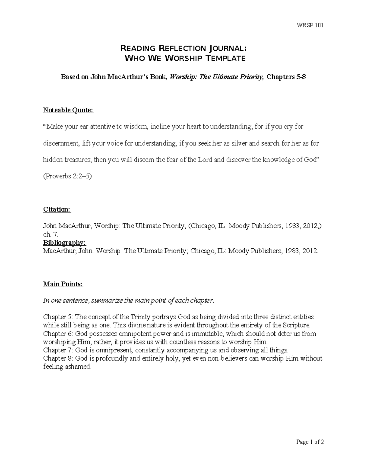 WRSP 101 Reading Reflection Journal: Who We Worship Insights - Studocu