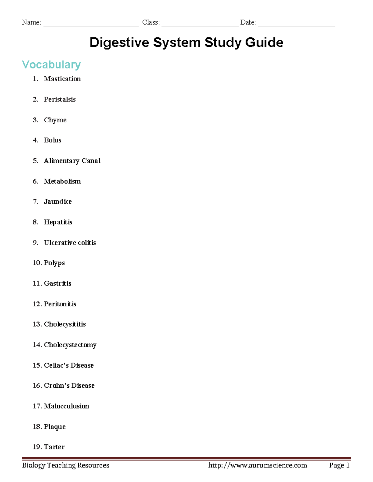 Digestive System Study Guide - Name: __________________________ Class ...