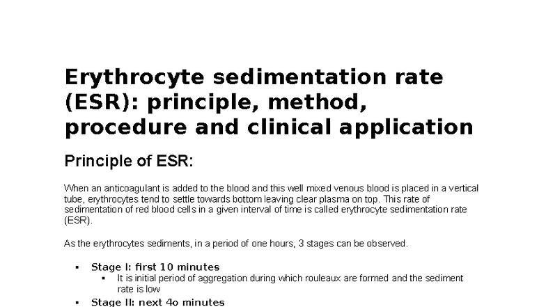 ESR Analysis: Principles, Methods, and Clinical Applications - Studocu