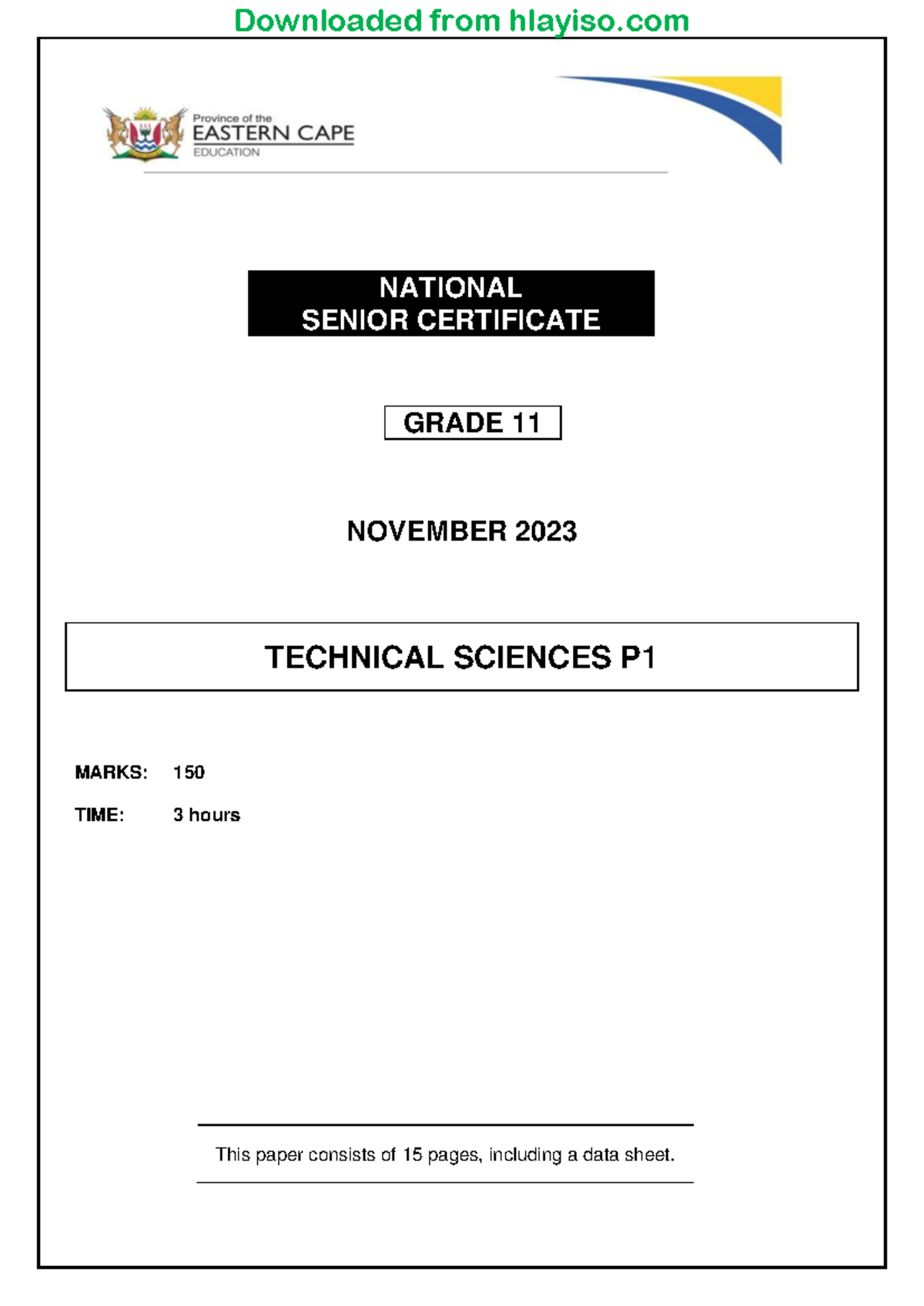 TECH Sciences P1 Exam QP GR11 NOV2023 - Instructions & Questions - Studocu