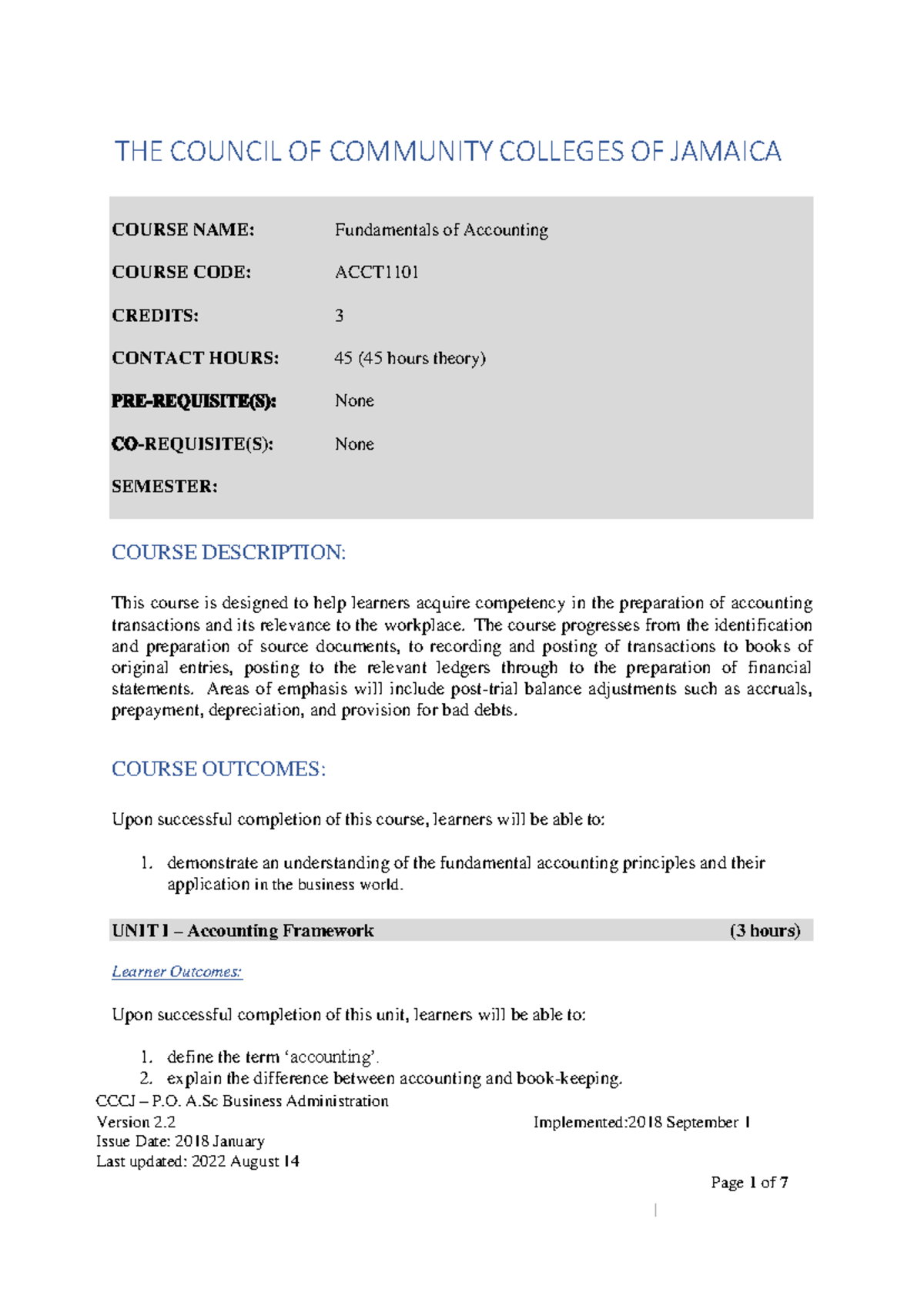 ACCT1101 Fundamentals of Accounting Course Outline - Studocu