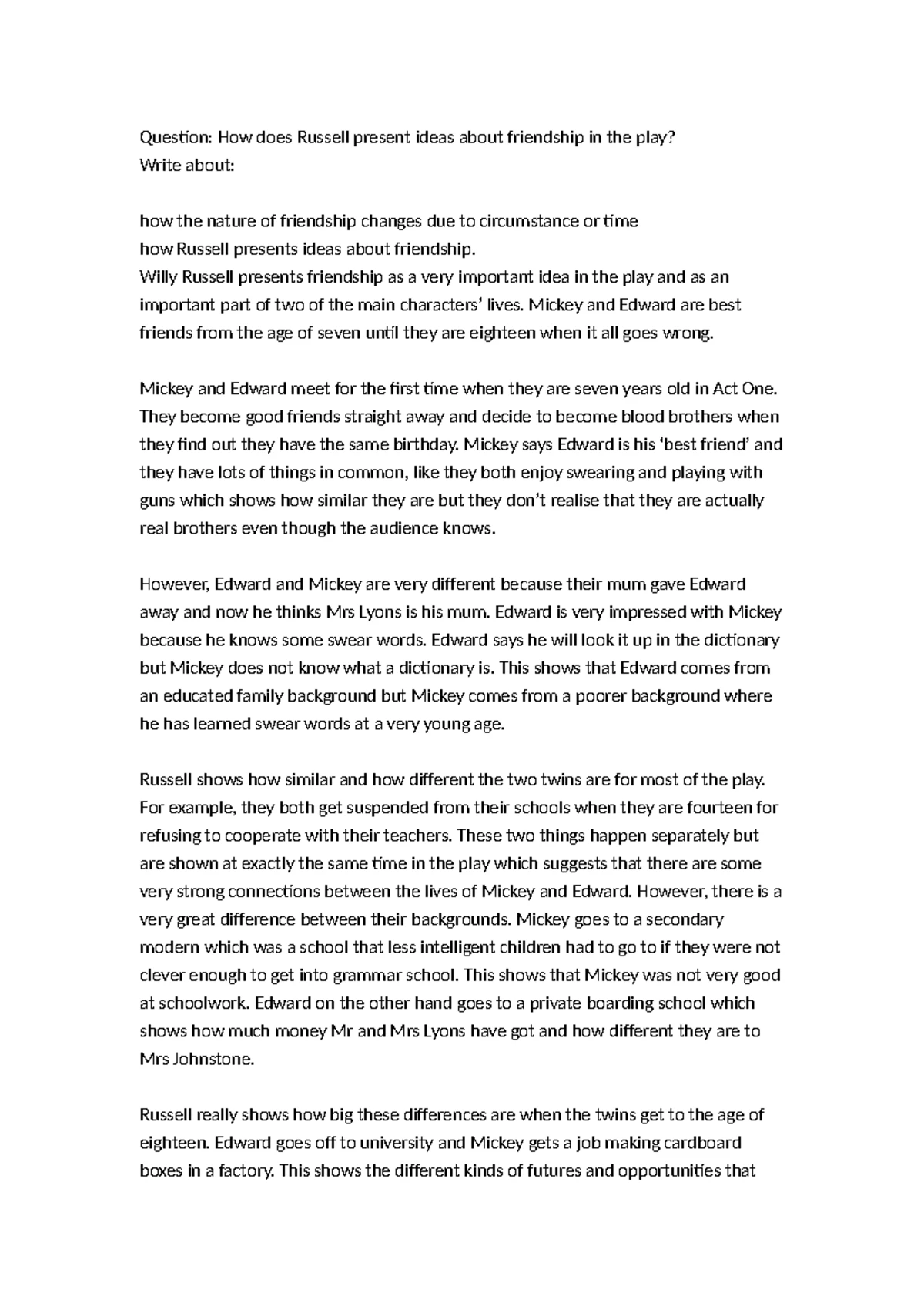 Blood Brothers (ENG101): Analysis of Social Class Impacts - Studocu