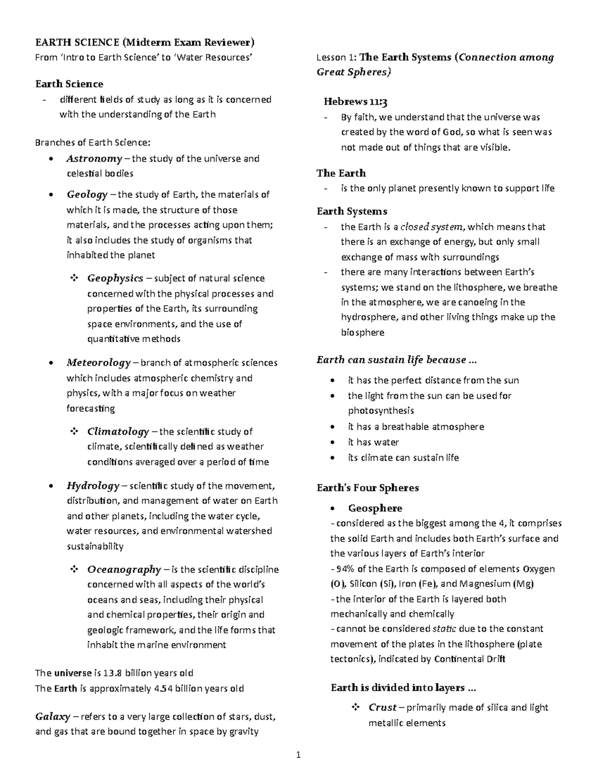 Earth Science ERTH 101 Midterm Exam Reviewer: Key Concepts and Topics - Studocu