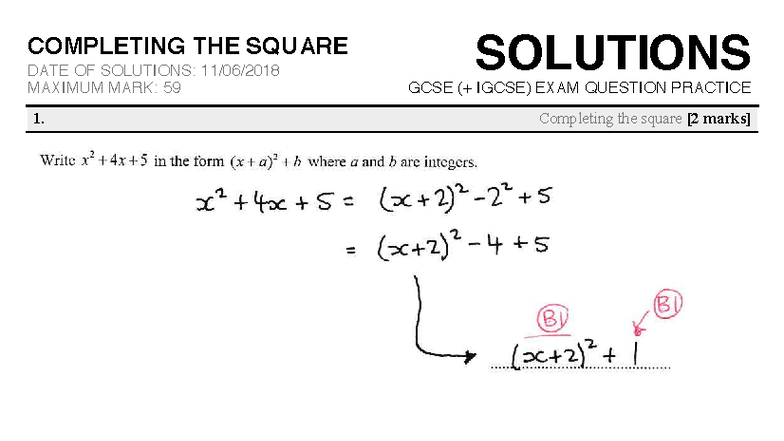 GCSE (9-1) Completing the Square Practice Questions - Studocu