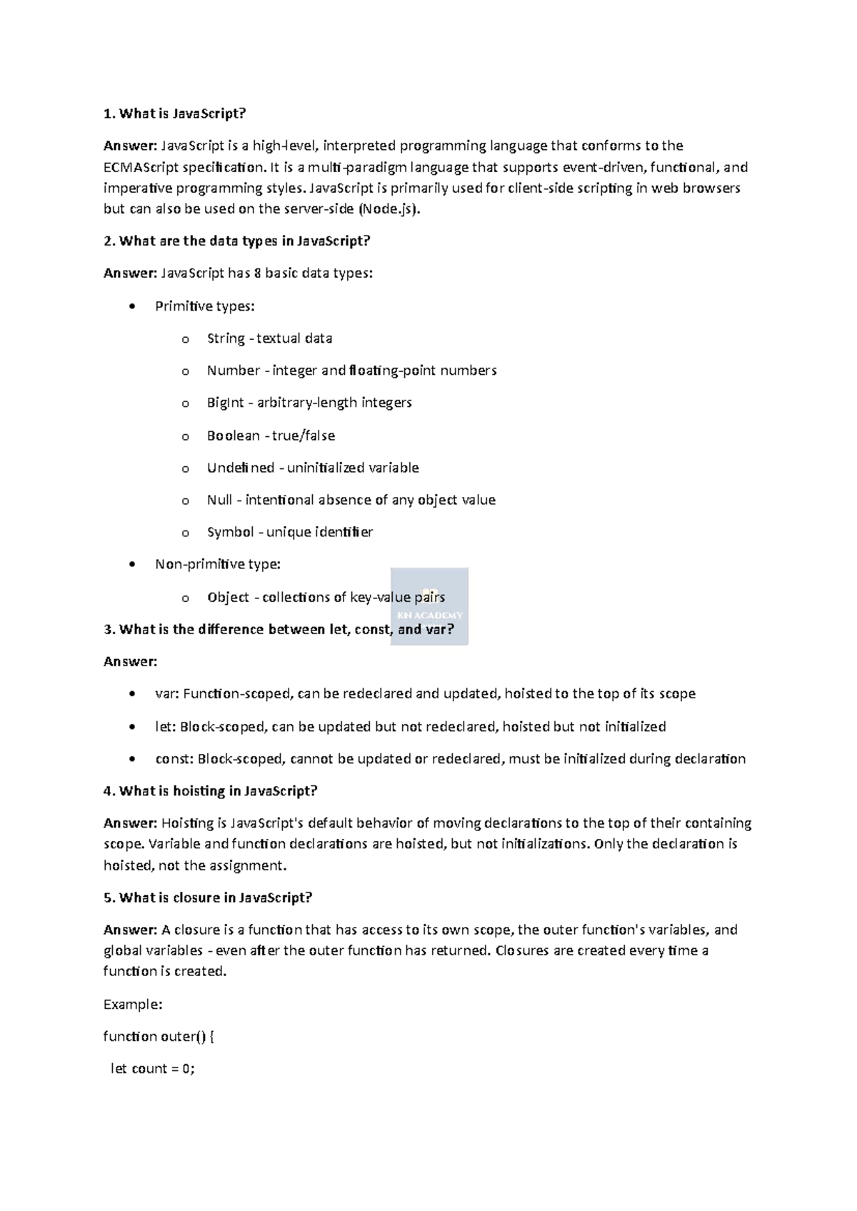 JS Interview Questions: Comprehensive Guide to JavaScript Concepts - Studocu