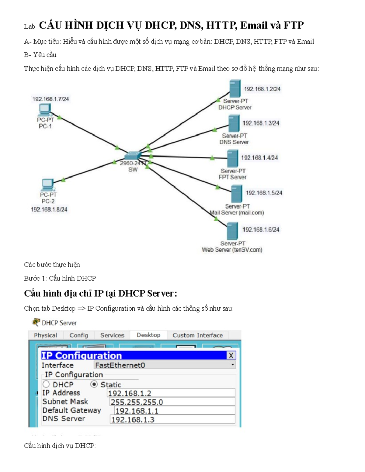 CẤU HÌNH DỊCH VỤ DHCP, DNS, HTTP, Email VÀ FTP - Lab CẤU HÌNH DỊCH VỤ ...