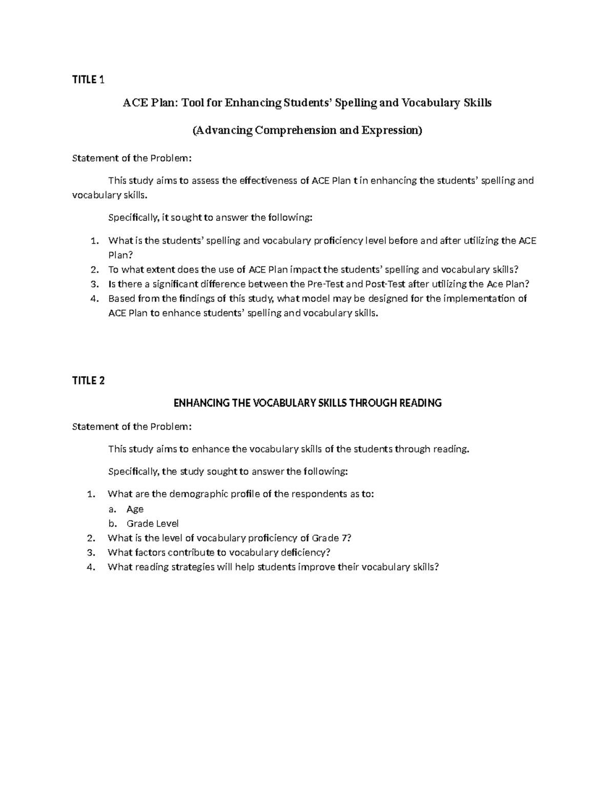 Action Research Title'S - TITLE 1 ACE Plan: Tool for Enhancing Students ...