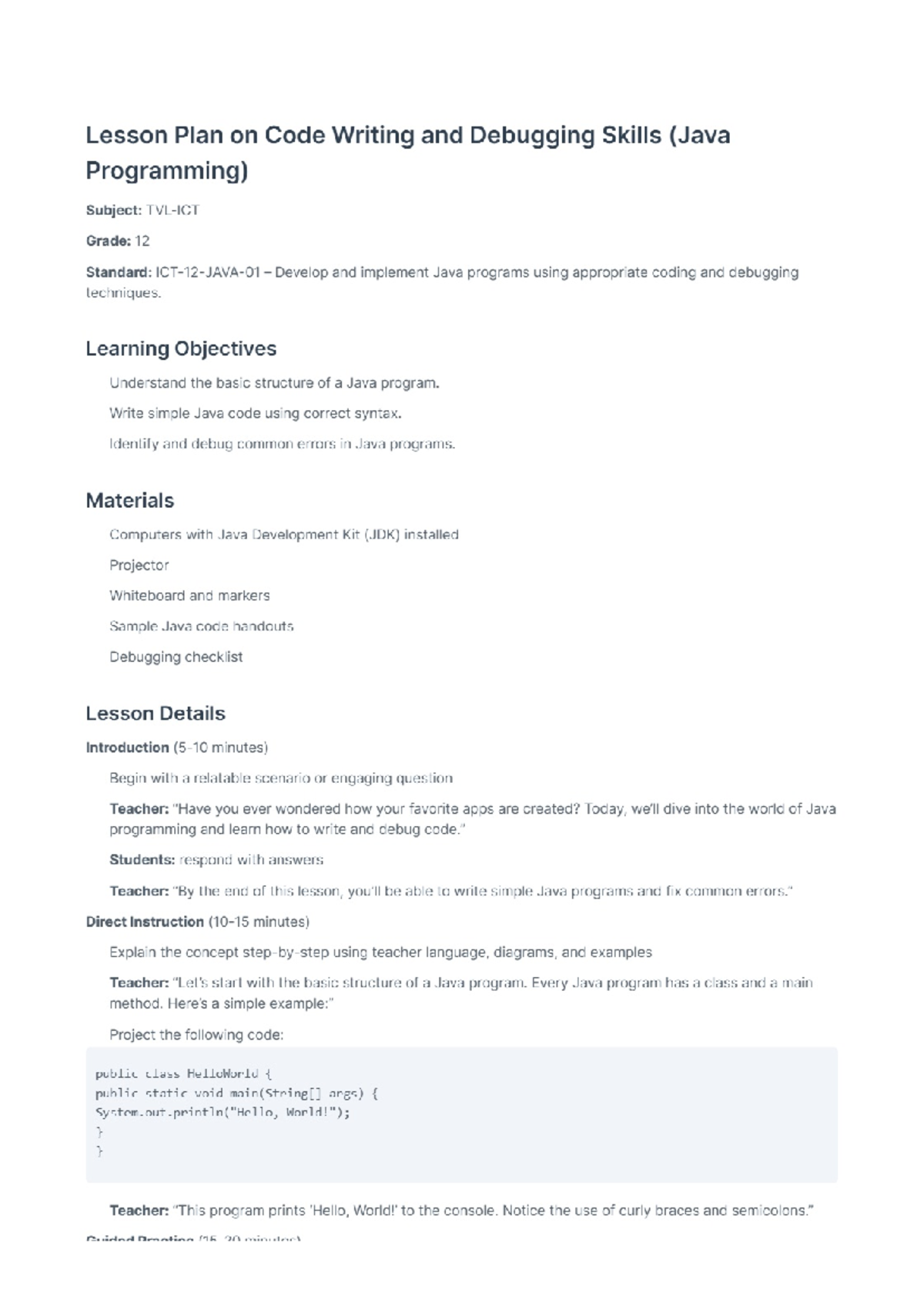 Lesson Plan on Code Writing & Debugging Skills (TVL-ICT 12) - Studocu