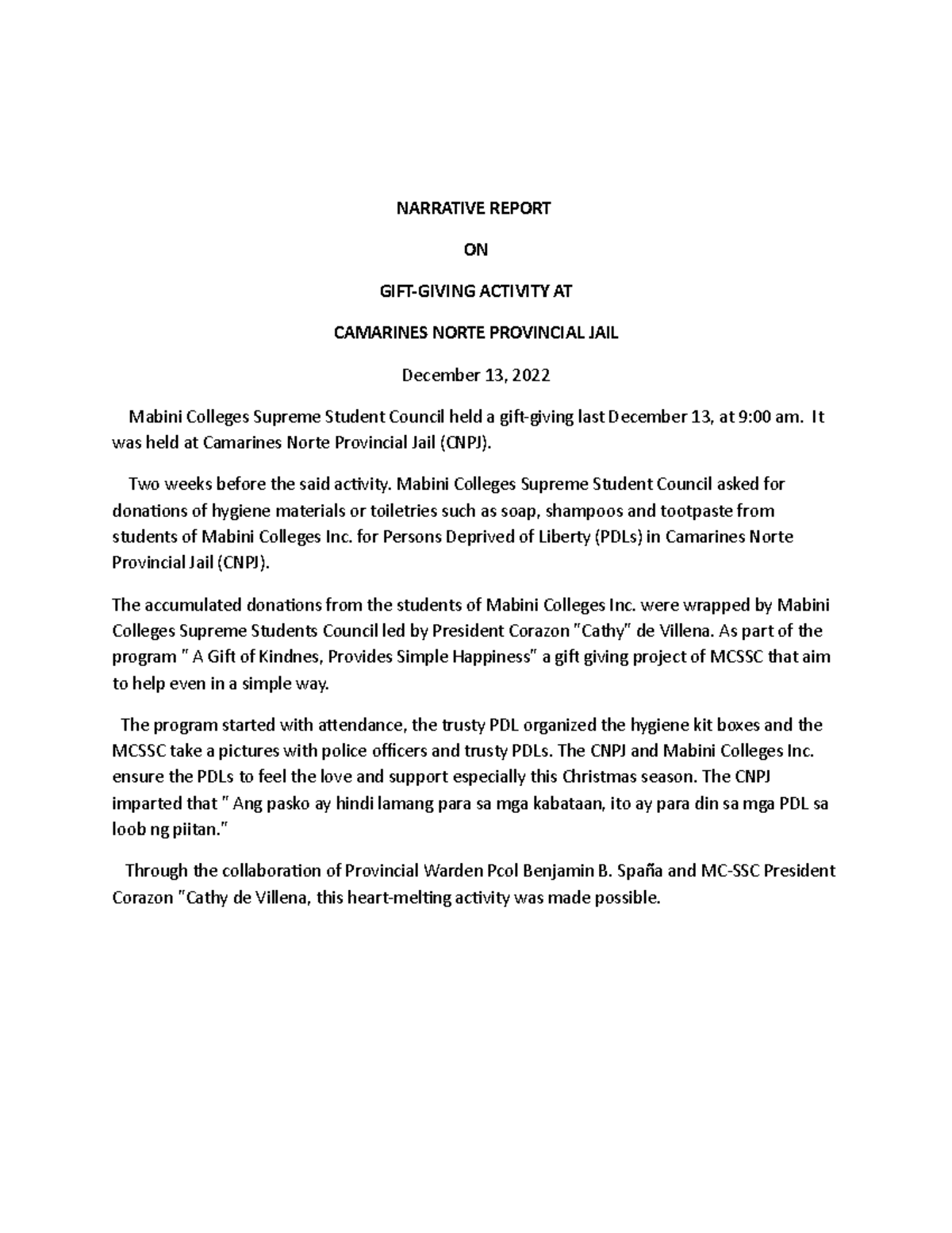 Narrative Repor-WPS Office - NARRATIVE REPORT ON GIFT-GIVING ACTIVITY ...