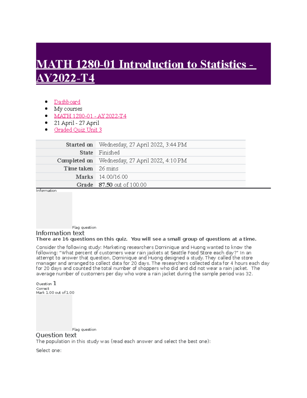 MATH 1280 graded quiz unit 3 - MATH 1280-01 Introduction to Statistics - AY2022-T Dashboard My ...