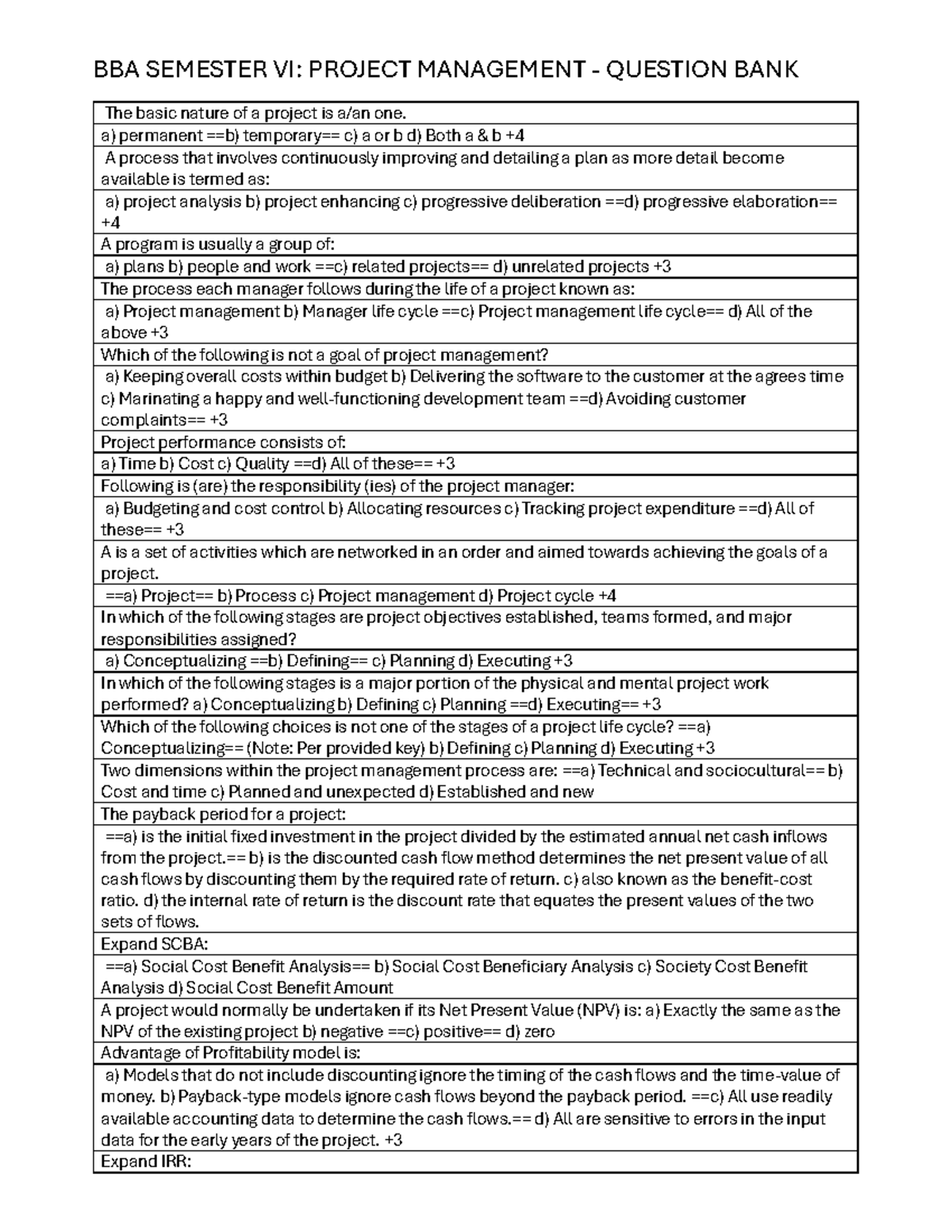 BBA SEMESTER VI: PROJECT MANAGEMENT MCQ QUESTION BANK - Studocu