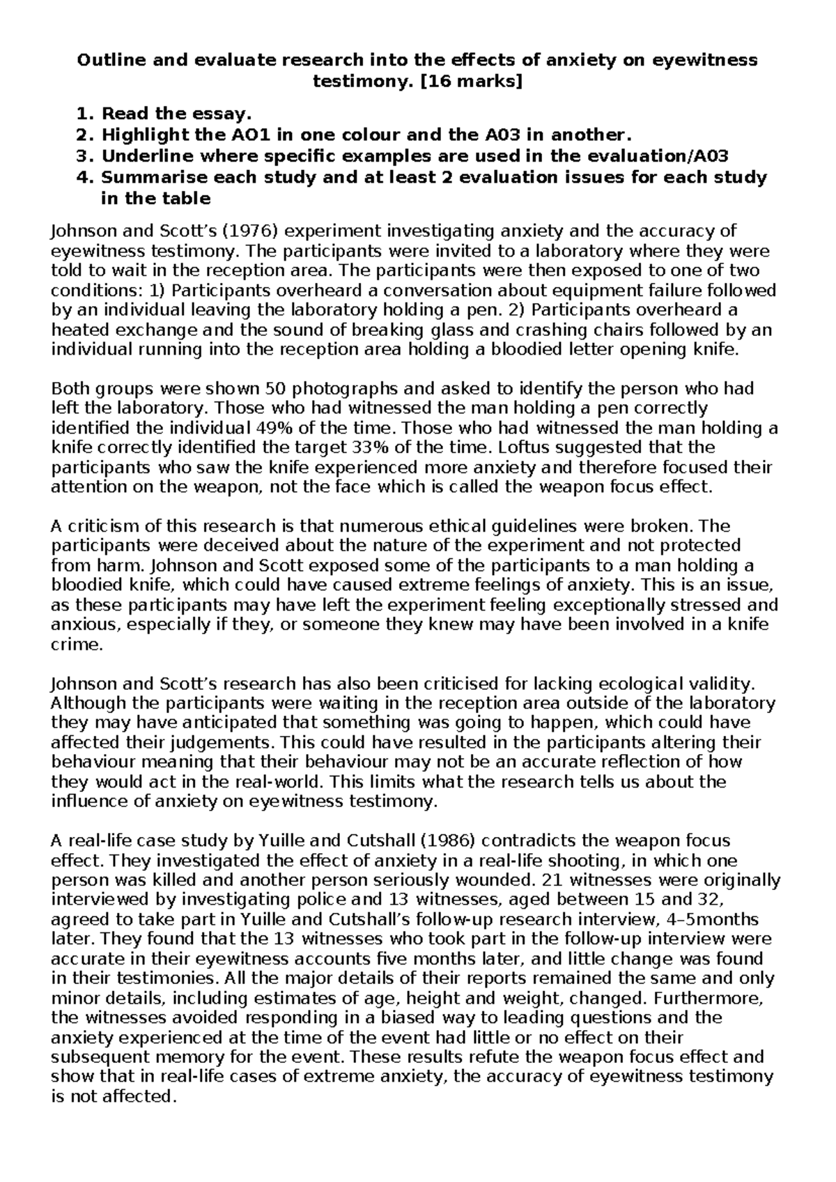 Anxiety and Eyewitness Testimony: A Study Evaluation (PSY 101) - Studocu