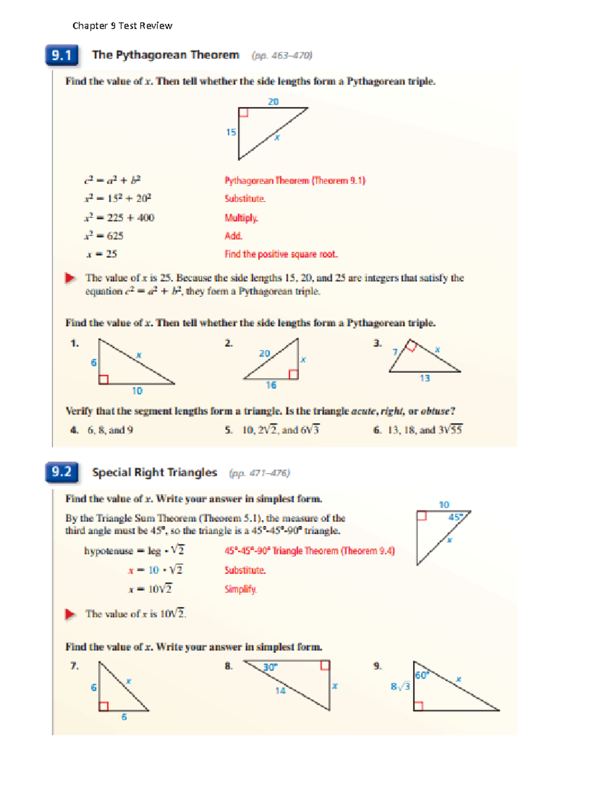 Ch9 Test Review - 9 The Pythagorean Theorem (pp. Find the value of x ...