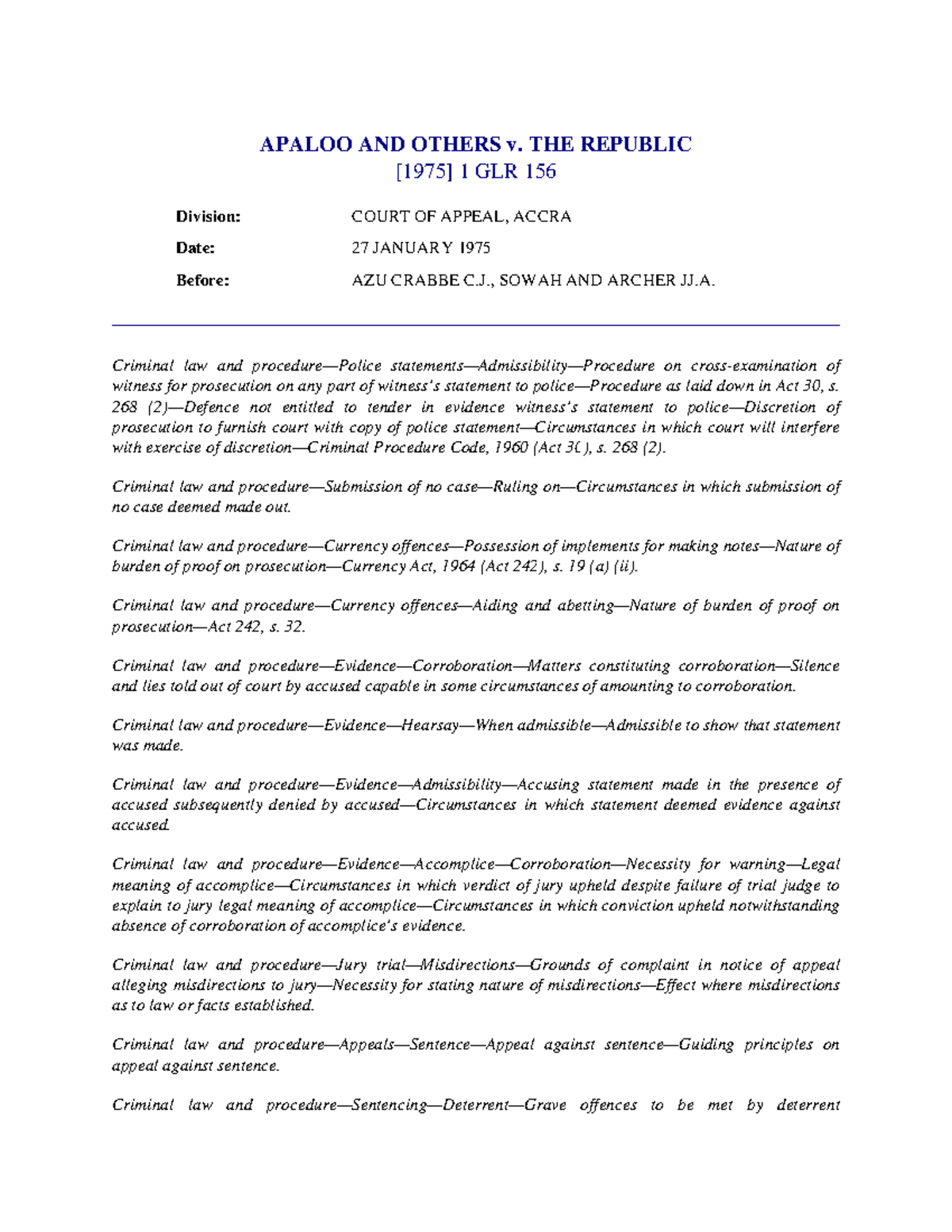 Apaloo AND Others v. THE Republic - APALOO AND OTHERS v. THE REPUBLIC ...