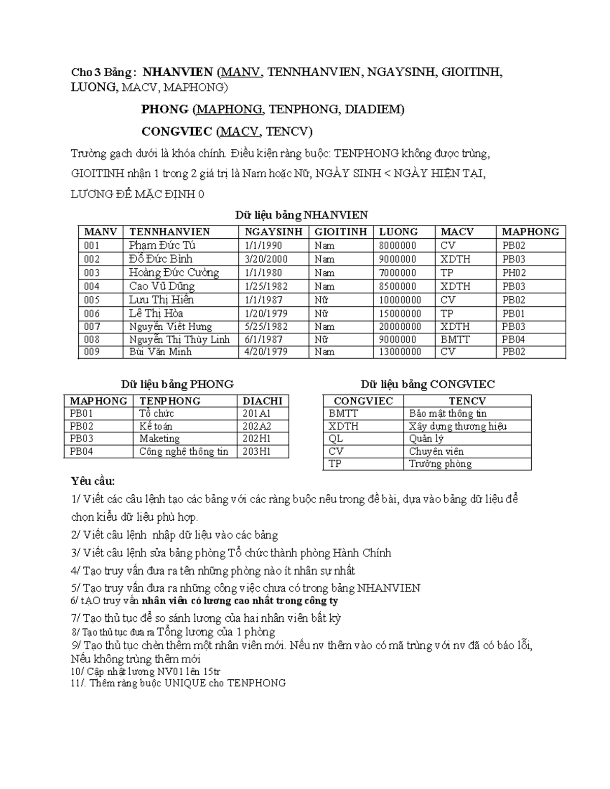 BÀI ÔN TẬP 2 - Tạo và Quản lý CSDL NHANVIEN, PHONG, CONGVIEC - Studocu