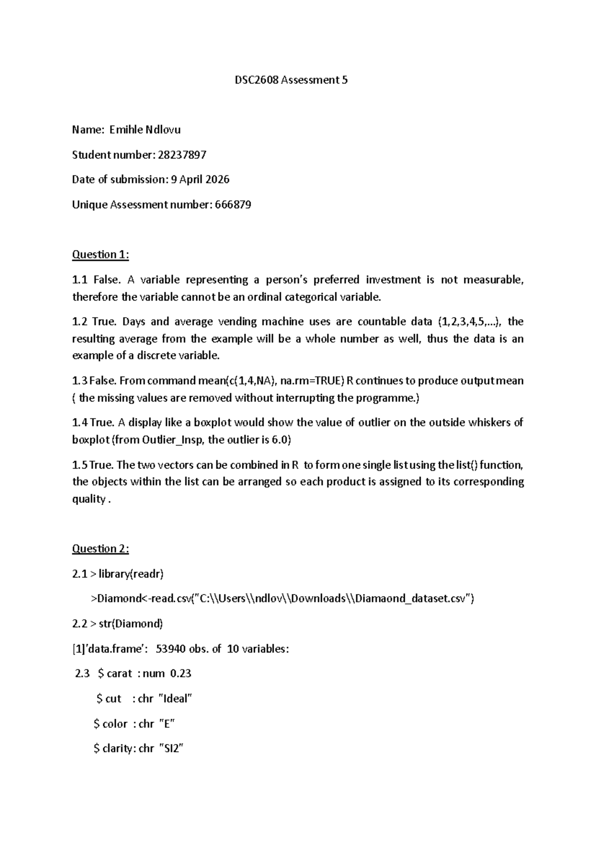 DSC2608 Assessment 5: Investment Variables and Data Analysis - Studocu