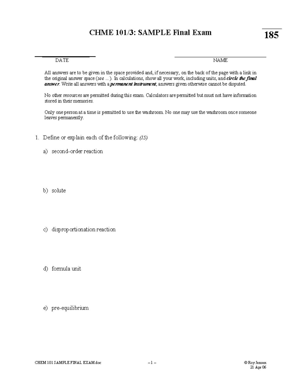 CHEM 101 Sample Final Exam - Comprehensive Review Version 2 - Studocu