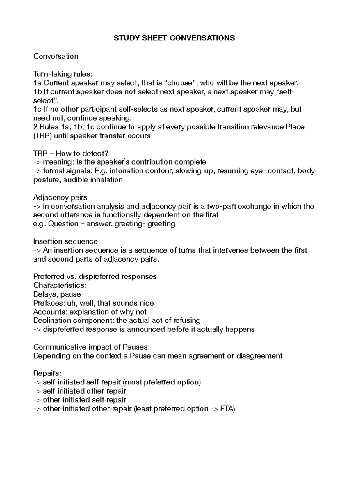 Study Sheet Conversation - STUDY SHEET CONVERSATIONS Conversation Turn ...