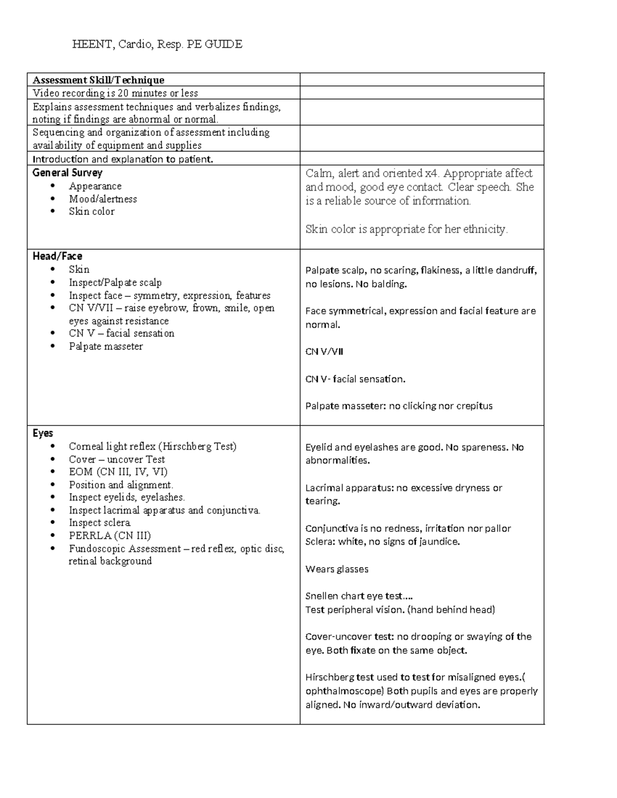 HEENT, Cardio, Resp. PE Guide: Assessment Techniques Overview - Studocu