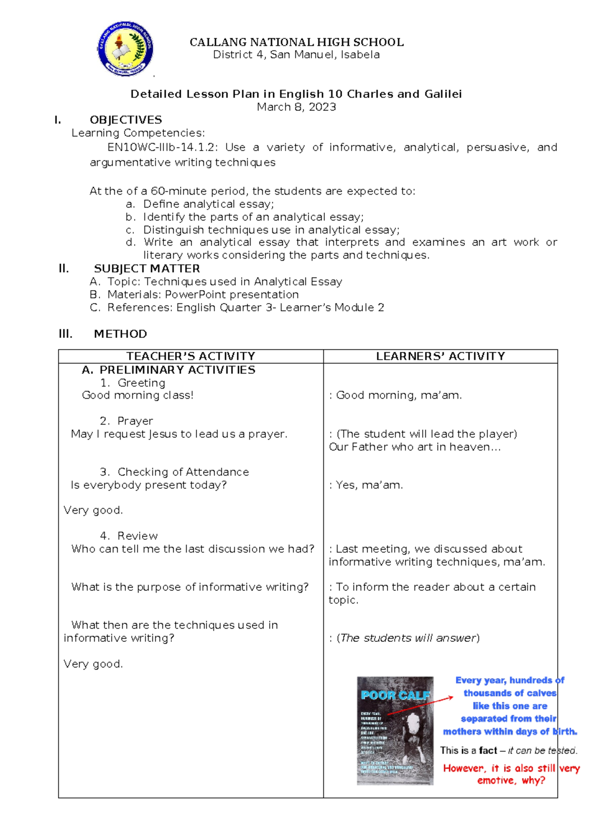 Detailed Lesson Plan: Analytical Essay Techniques - EN10WC-IIIb-14.1.2 - Studocu