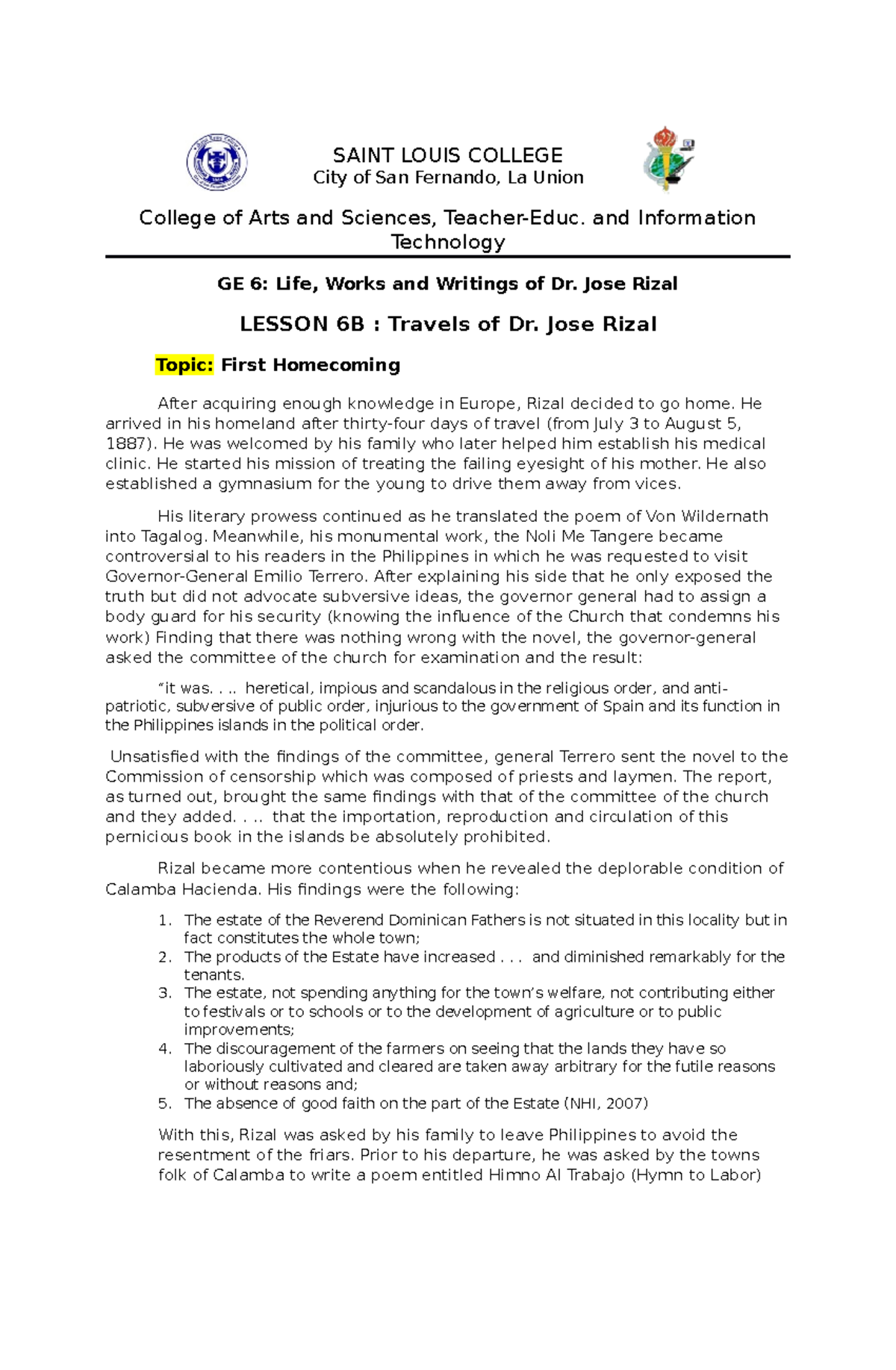 Rizal Lesson 6B - First Homecoming - SAINT LOUIS COLLEGE City of San ...