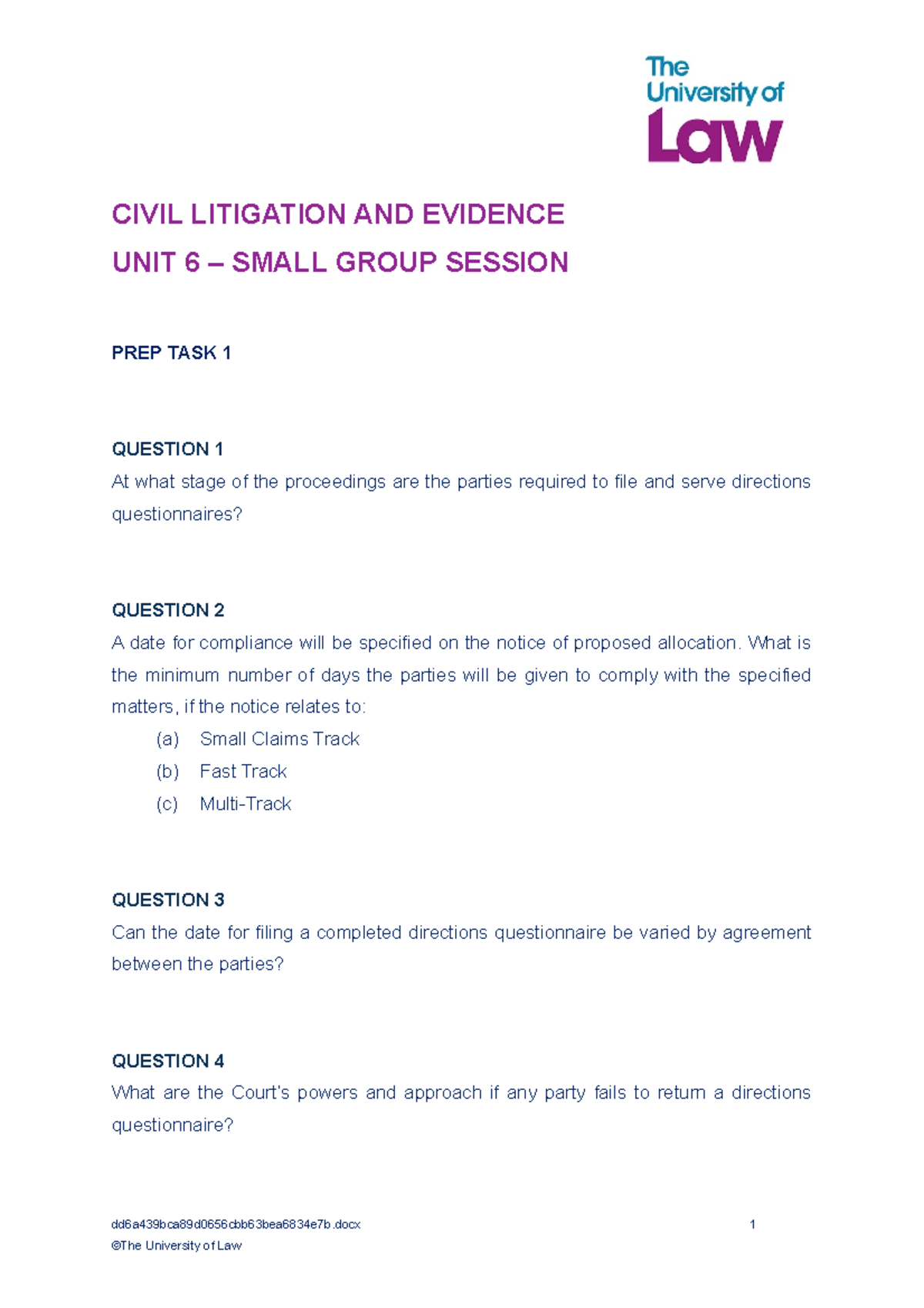2324 CIV Unit 06 - Prep Task on Civil Litigation & Evidence - Studocu