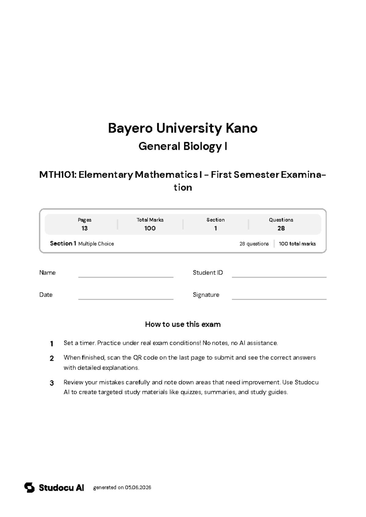 MTH101: Elementary Mathematics I - Final Exam - Studocu
