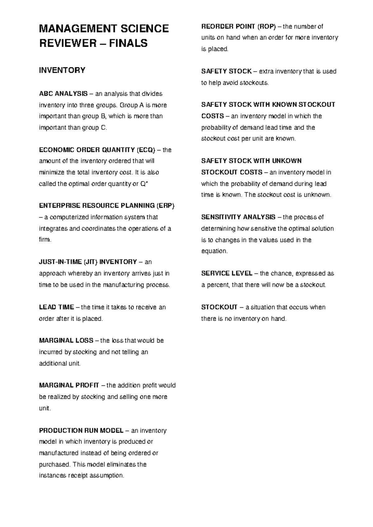 Management Science Review: Key Concepts for Finals Preparation - Studocu